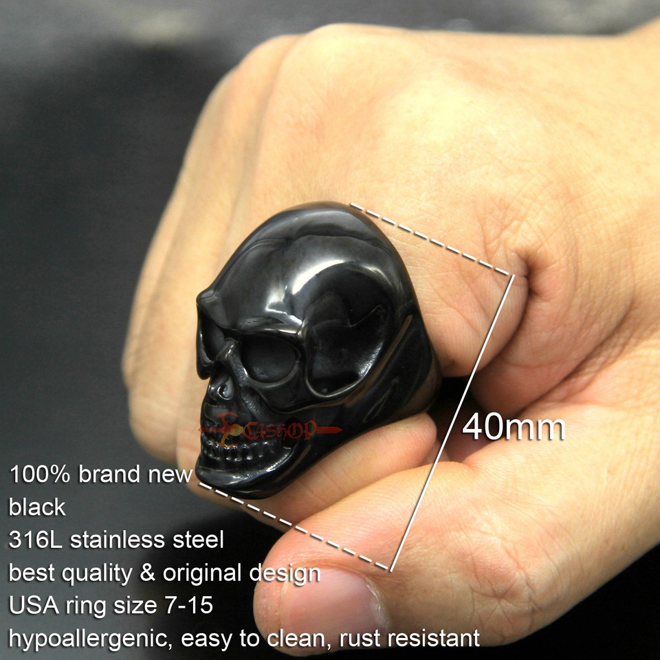 Men's Rocker Biker Skull Ring Huge Black Gothic Ghost Rider 316L ...