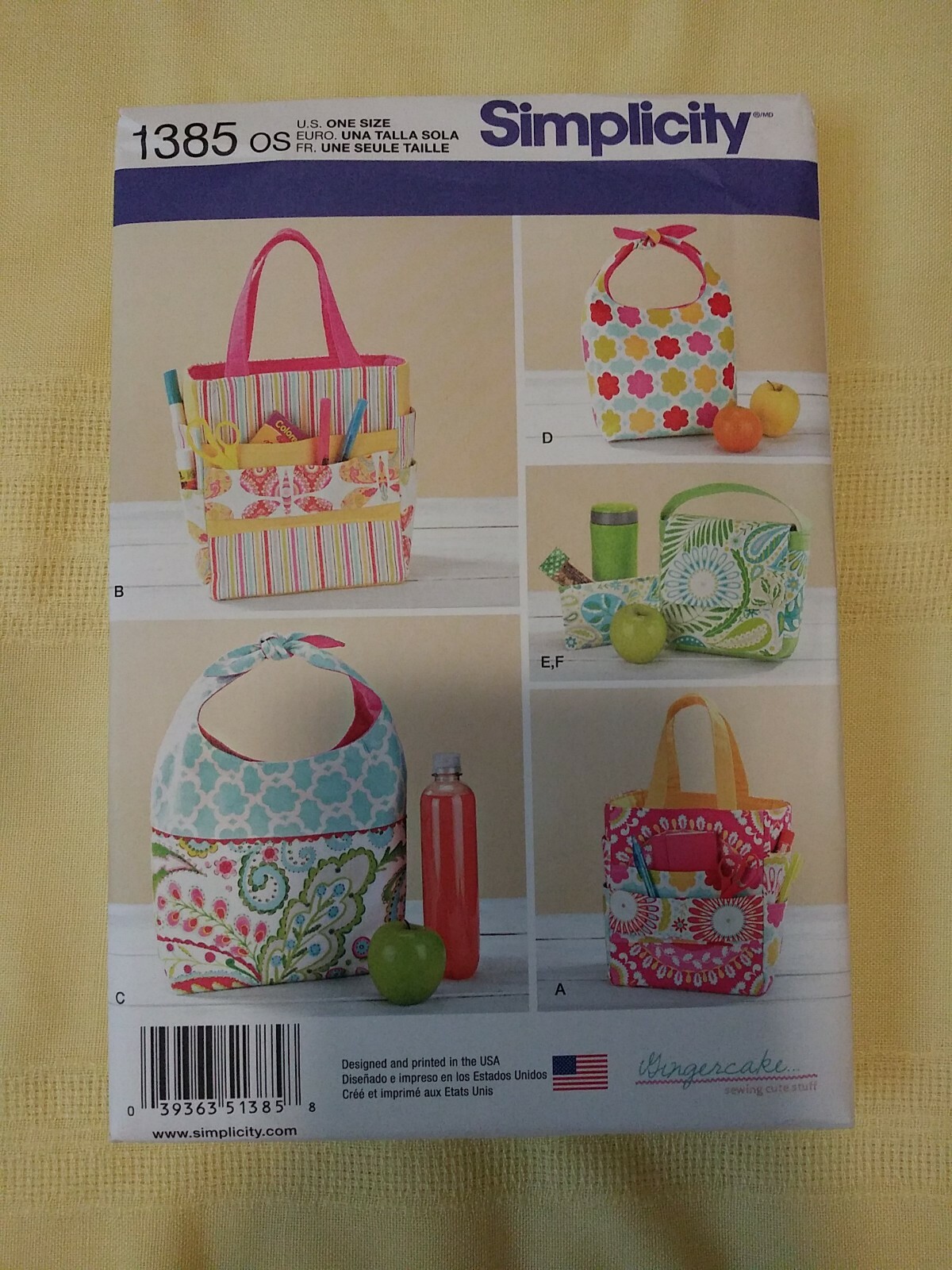NEW Simplicity Pattern 1385 LUNCH BAG ART CRAFT TOTE Snack Handbag ...
