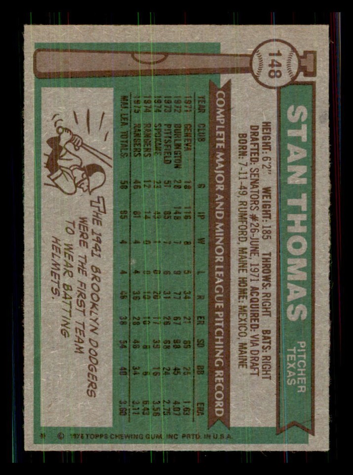 1976 Baseball Topps Stan Thomas Texas Rangers #148 RC | eBay