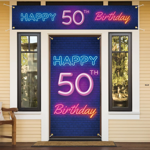 Neon Happy 50Th Birthday Door Cover Porch Banner and Large Yard Sign ...