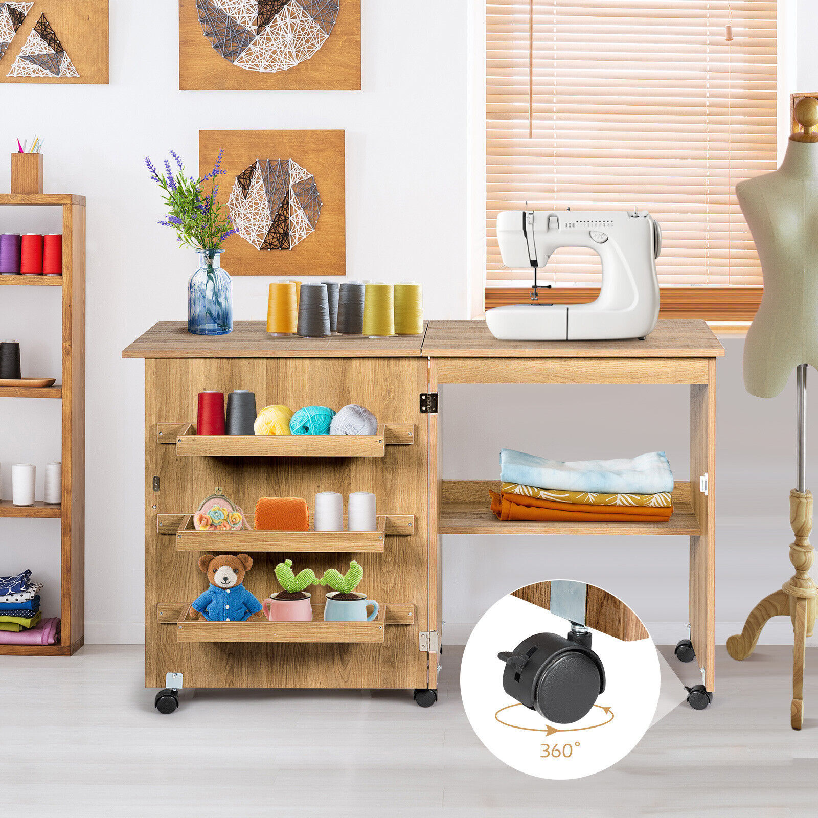 2-In-1 Folding Sewing Table Rolling Craft Table Movable Sewing Desk w ...