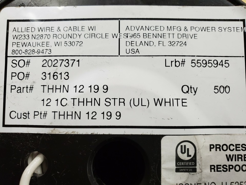 Copper WHITE 600 volt CSA Type TWN75/T90 Processed wire-LR107295 (500FT ...
