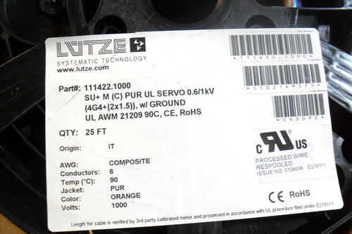 qty 25ft - Lutze 111422.1000 High Flex Motor Cable SU+M(C) PUR UL SERVO ...