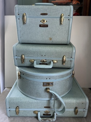 Vintage Samsonite 4 Piece Luggage Set With Hat Box Light Blue Sparkle ...
