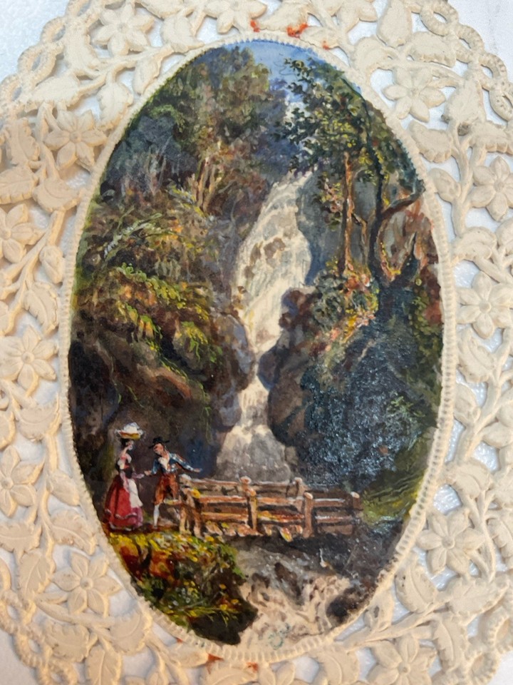 Miniature À La Gouache à Vue Ovale sur Canivet «Rendez-vous Galant à la cascade. | eBay