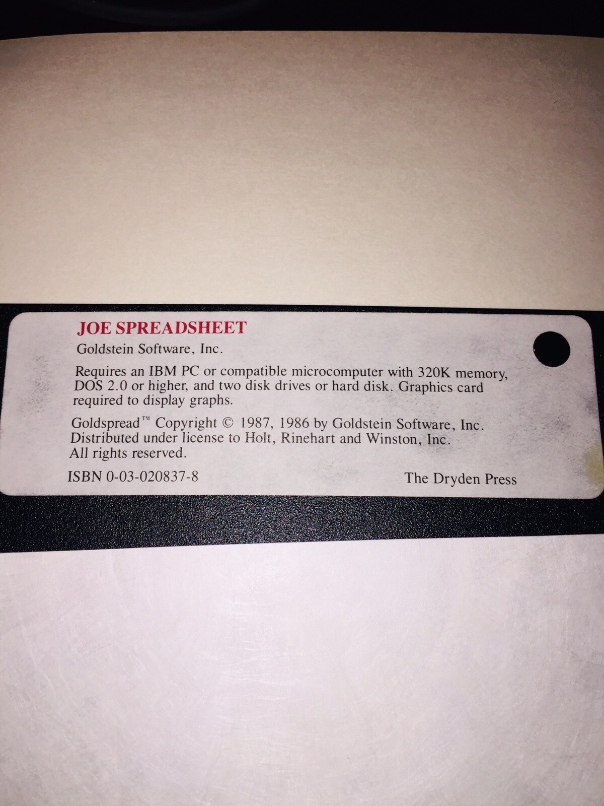 Joe Spreadsheet Goldstein Software/Manual for IBM PC 1987 5 1/4 5.25 ...