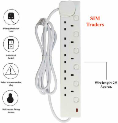 6 Way Gang Extension Lead Cable Individually Switched Extention 6 ...
