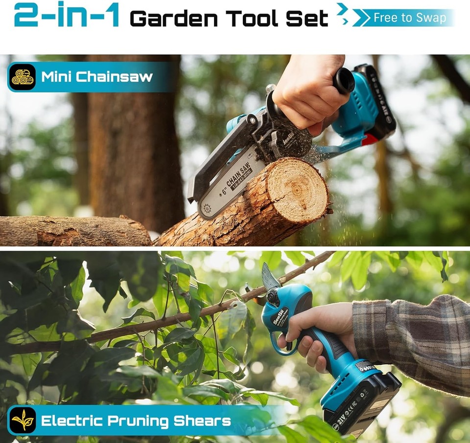 SEESII Cordless Mini Chainsaw Pruning Shears Combo kit 6" Electric Saw ...