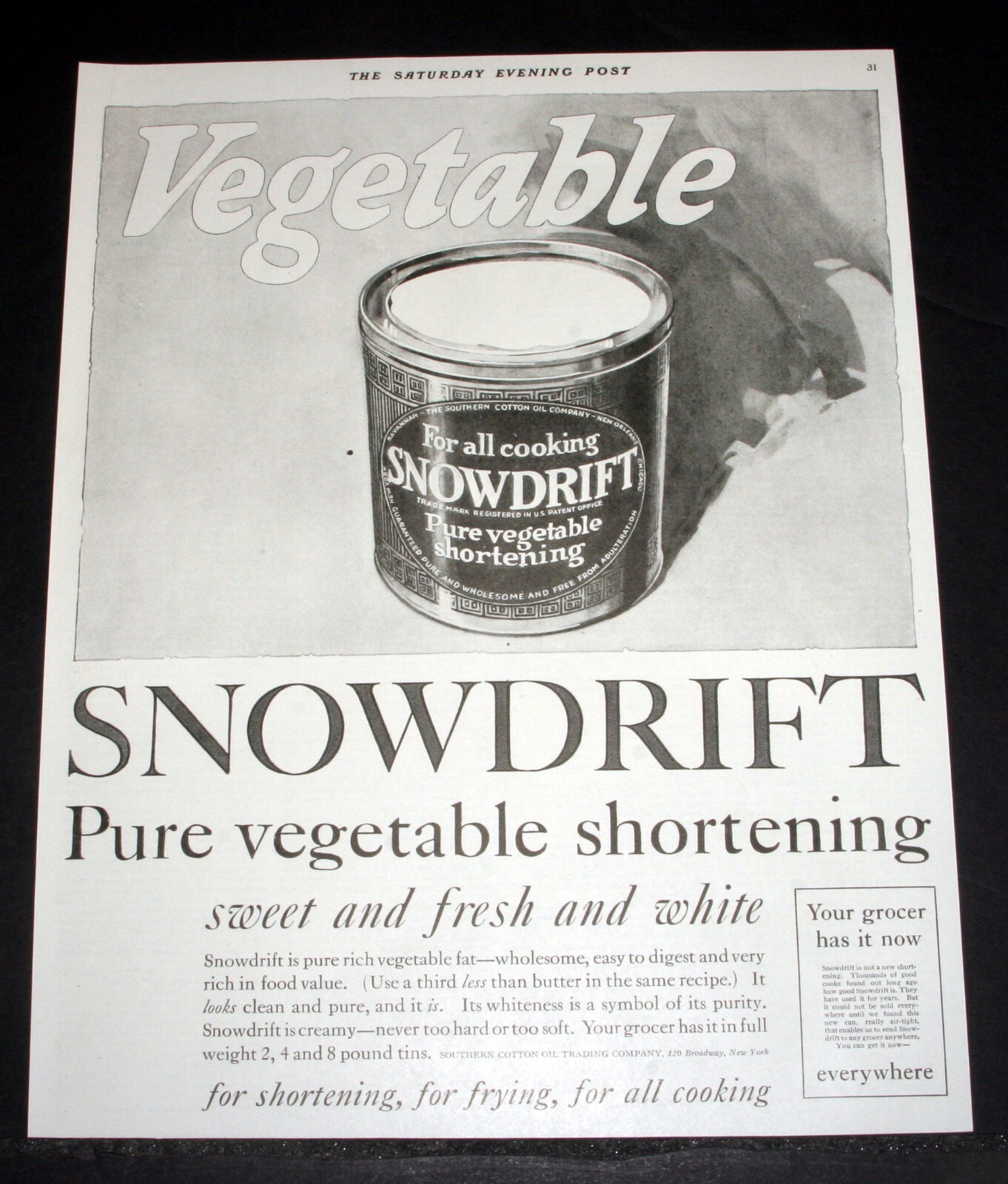 1918 OLD MAGAZINE PRINT AD, SNOWDRIFT PURE VEGETABLE SHORTENING, FRESH ...
