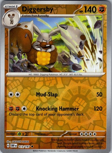 Pokemon TCG Diggersby S&V Obsidian Flames 113/197 Reverse Holo Uncommon ...