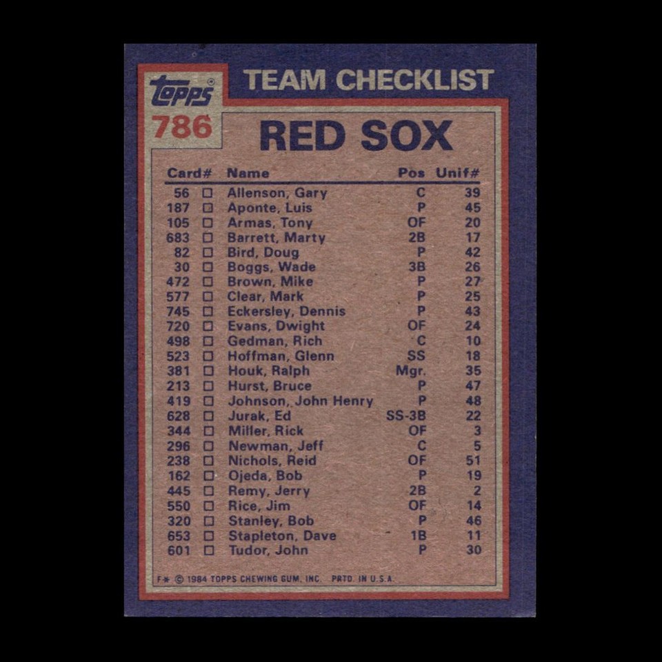 Checklist 1984 Topps Boston Red Sox #786 R320E 44 | eBay