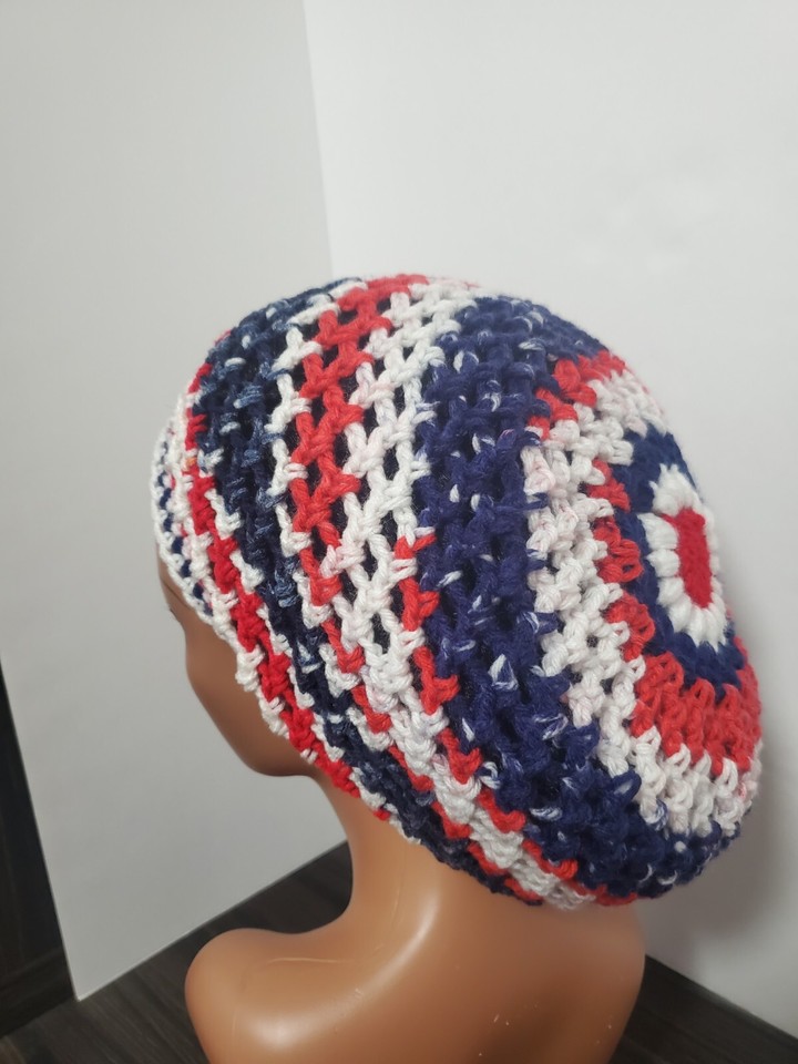 Red White & Blue Crochet Handmade Sunflower Mesh Beanie Hippie Slouch ...