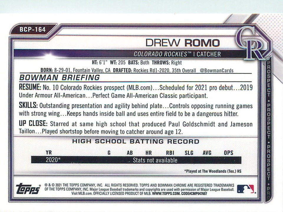 Drew Romo 2021 Bowman Chrome Prospect Card #BCP-164 Colorado Rockies ...