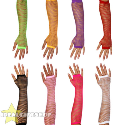 LONG NEON FISHNET GLOVES MESH NET FINGERLESS 1980'S FANCY DRESS PARTY ...