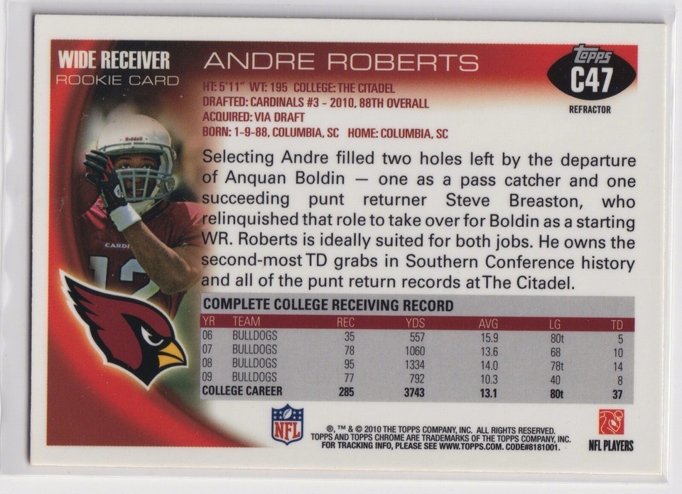ANDRE ROBERTS RC Orange Refractor 2010 Topps Chrome C47 Arizona ...