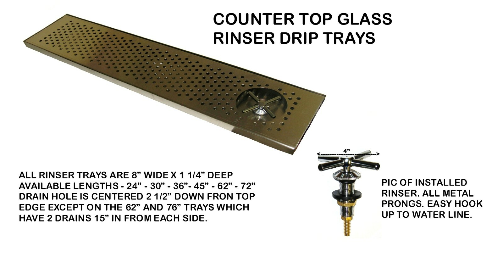 Draft Beer Rinser Drip Tray 62" x 8" W/ S.S. Grill & 4" Metal Drain ...