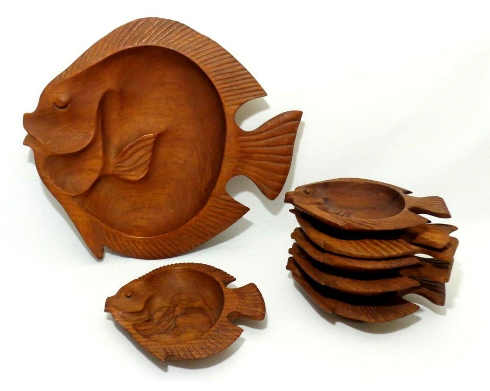 RARE MODERNIST VINT HAND CARVED FISH THEME TEAK WOOD SHALLOW BOWL, W/6 ...