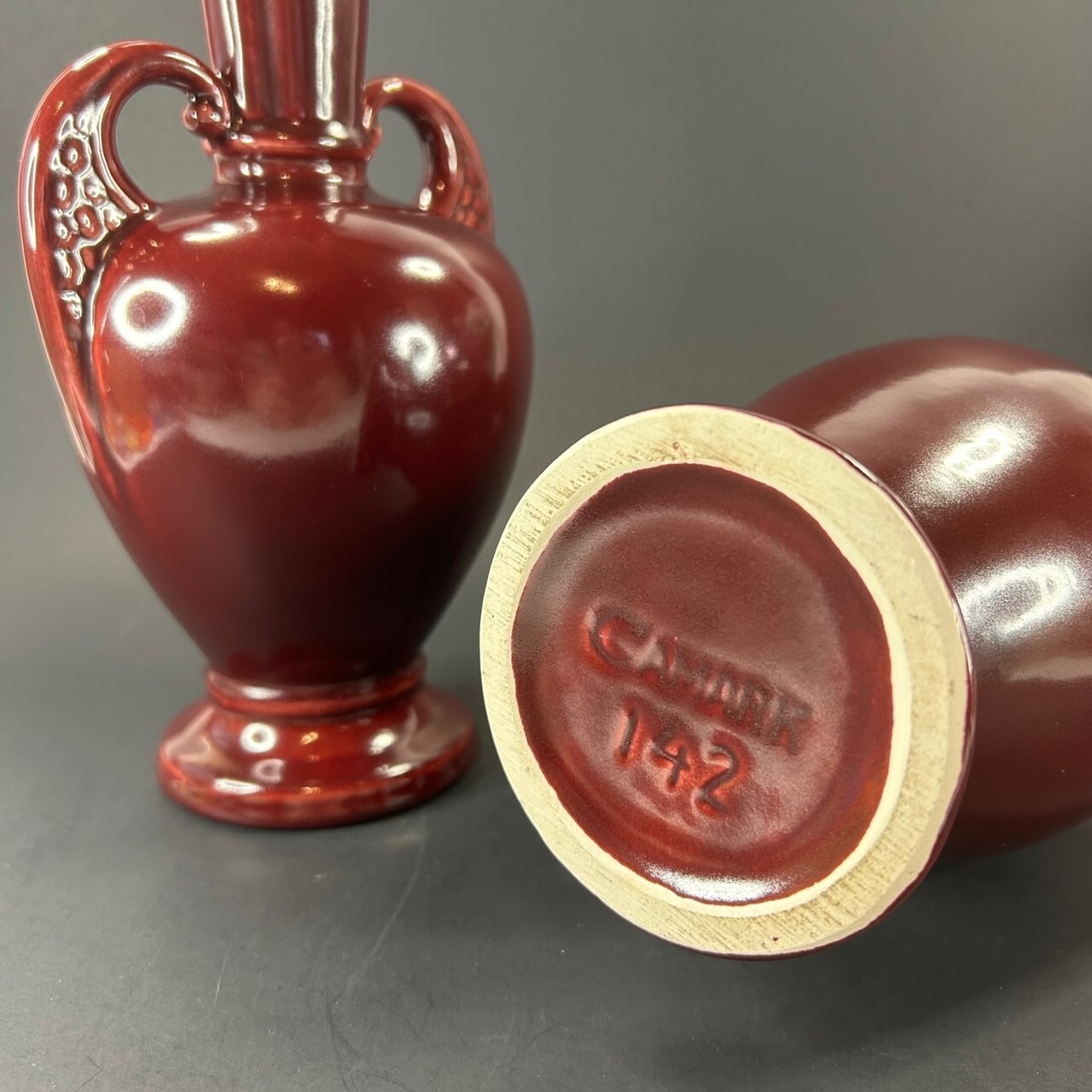 Camark Pottery Deep Burgundy Vases #142 Art Deco Scaled Handles Set of ...
