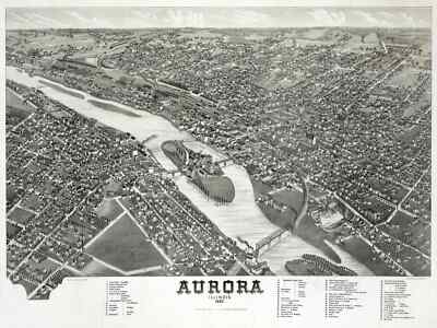 2784.Aurora Illinois 1882 Aerial View Map POSTER.Home School Office ...