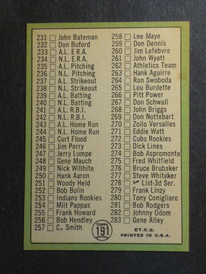 1967 Topps Baseball Checklist 3rd Series Willie Mays #191 EX/MT small ...