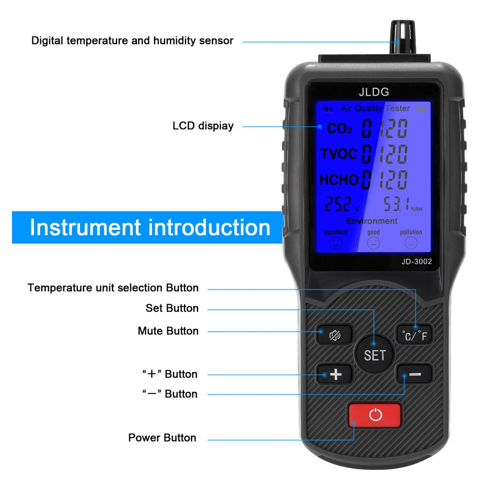 Digital Quality Tester CO2 TVOC Temp Humi Measuring Device LCD 1800mAh ...