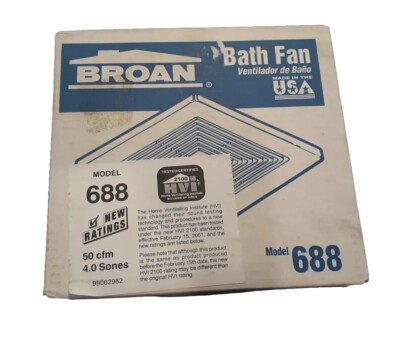 Broan 688 Ceiling Ventilation Fan 50 CFM 4 Sones White Bathroom Exhaust ...