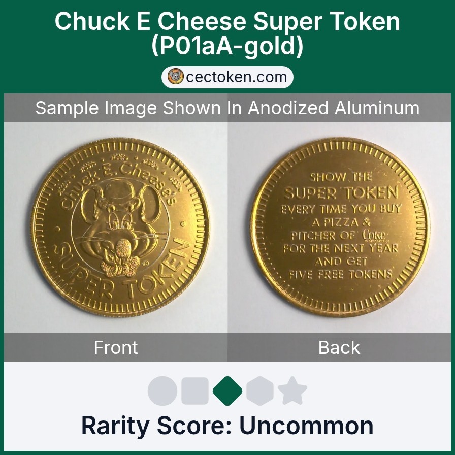 Chuck E Cheese Super Token (P01aA-gold) Anodized Aluminum 39mm Uncommon ...