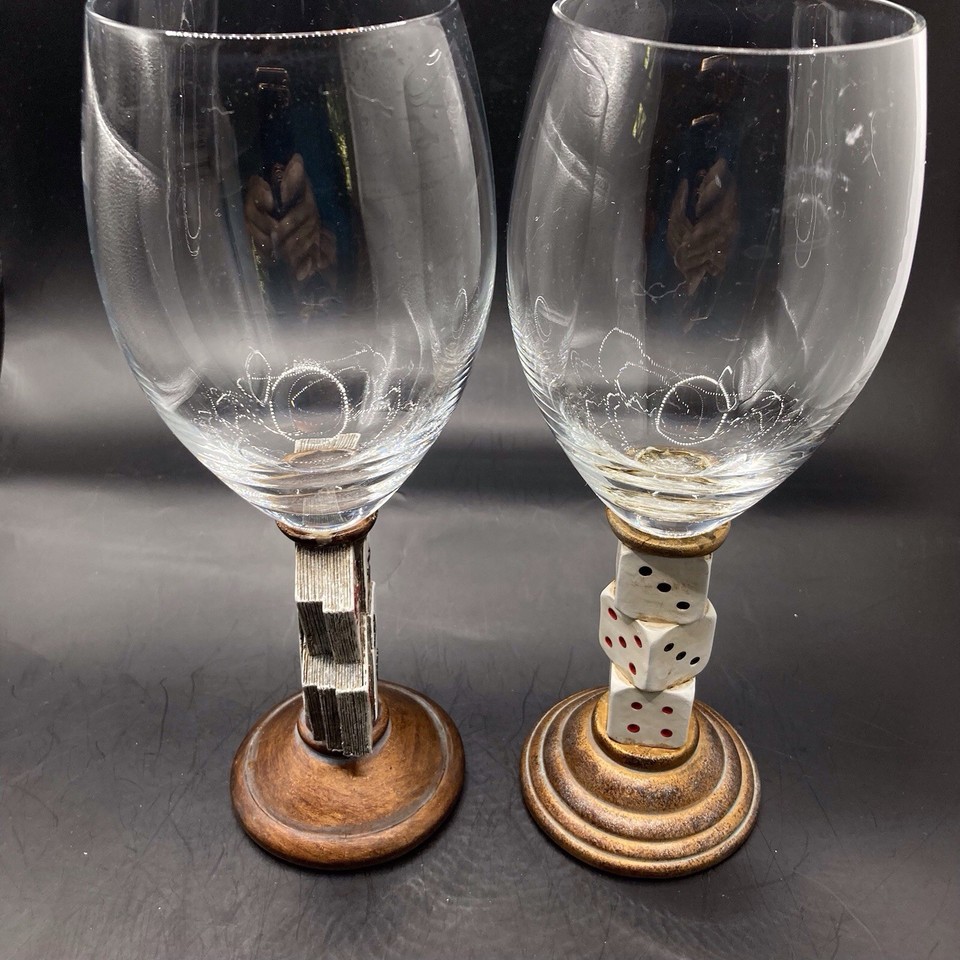 Vintage Poker Themed Wine Glasses Resin Dice Cards Wood Bases Man Cave ...