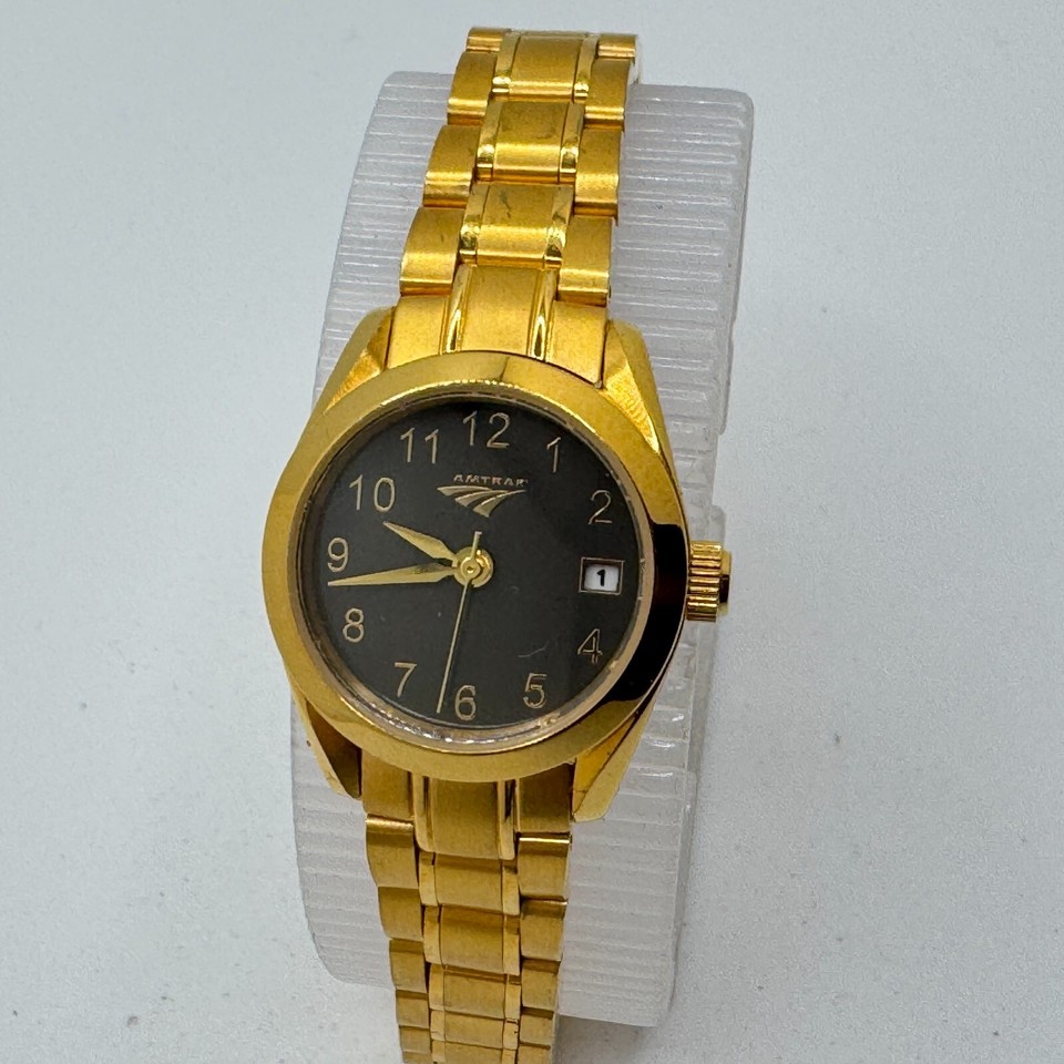 Amtrak Quartz Watch Women 30m Gold Tone Brown Steel Date Analog New ...