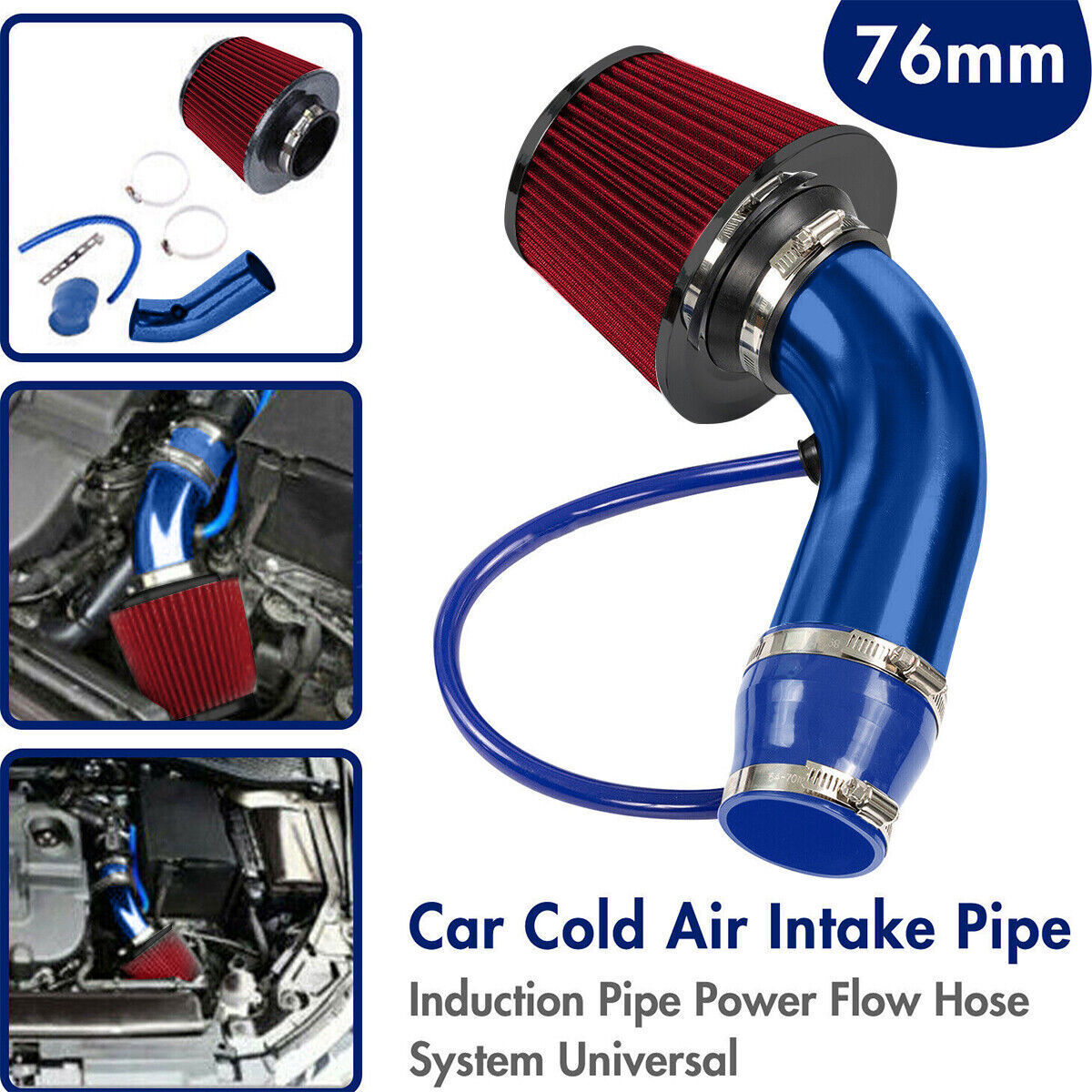 Car Cold Air Intake Filter Induction Kit 3" Pipe Aluminum Power Flow ...