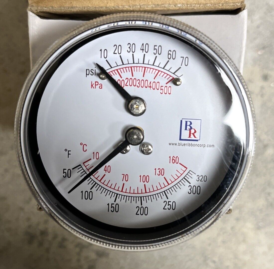 Blue Ribbon BRPT-00 ¼" NPT Back 0-75 PSI 50-320 °F/C Tridicator | eBay