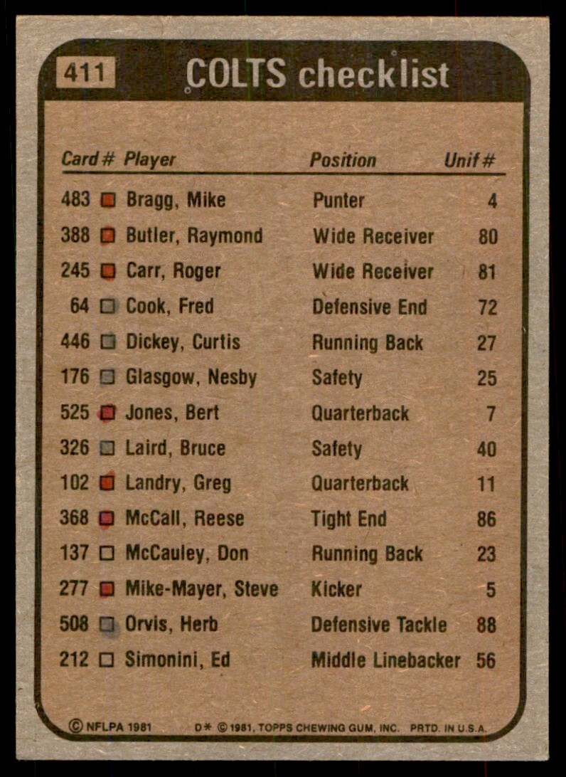 1981 TOPPS* CURTIS DICKEY/ROGER CARR/BRUCE LAIRD/MIKE BARNES BALTIMORE ...