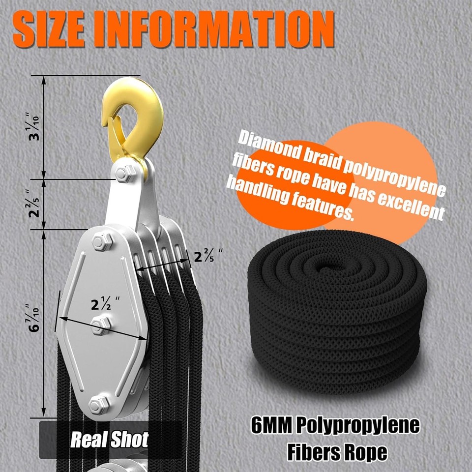 Rope Hoist Pulley System, 4400LB Pulley Block and Tackle, 8:1 Ratio ...