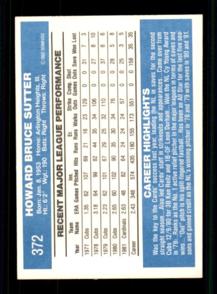 1982 Donruss #372 Bruce Sutter NM/NM+ Cardinals 243974 | eBay