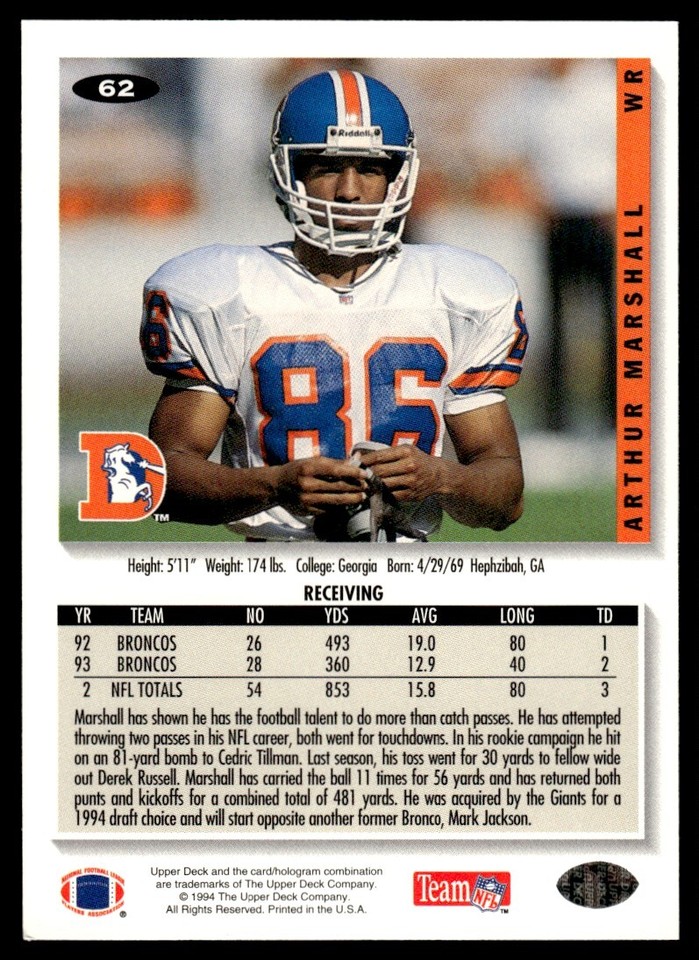 1994 Collector's Choice Arthur Marshall Denver Broncos #62 | eBay
