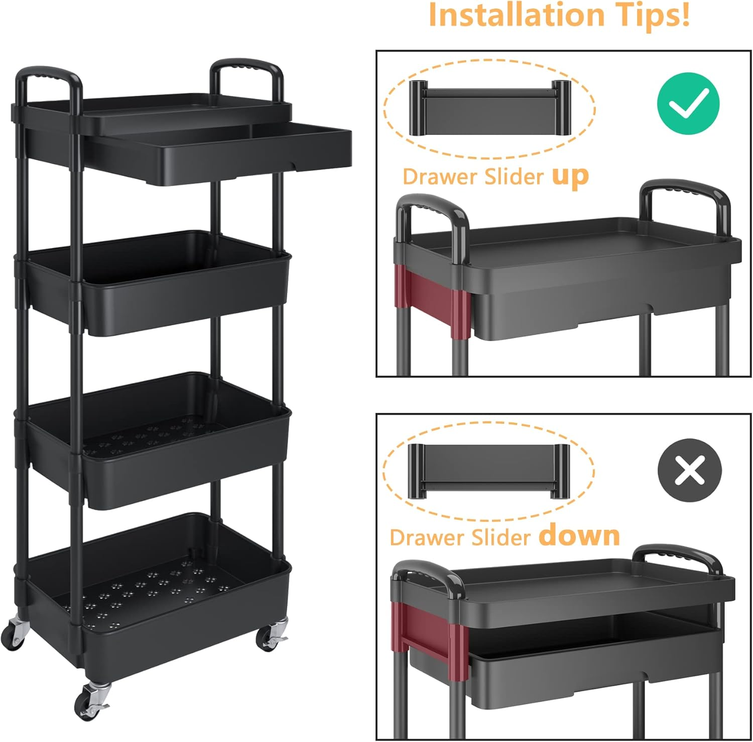 4-Tier Rolling Utility Cart with Drawer,Multifunctional Storage ...