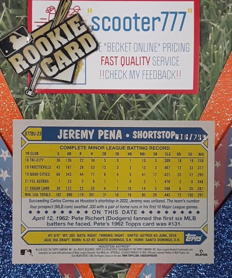 2022 Topps Update '87 Topps~#23⭐️JEREMY PENA⭐️{RC}《"BLACK"》#/299~ASTROS ...