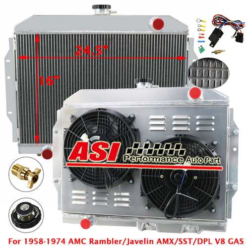 3 Row Radiator+Shroud Fan For AMC Ambassador Javelin AMX SST Wagon V8 ...