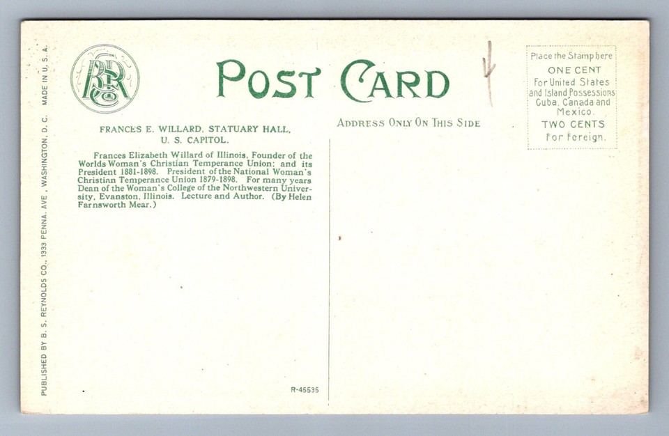 Postcard Vtg Washington DC Frances E Willard Statuary Hall US Capital ...