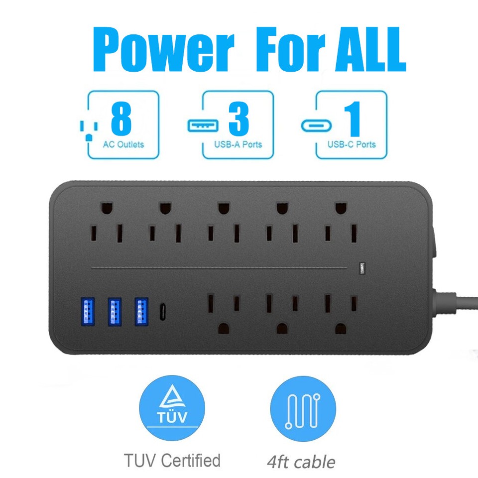 4FT Power Strip Surge Protector 8 AC Outlets 3 USB Ports + Type C Port ...