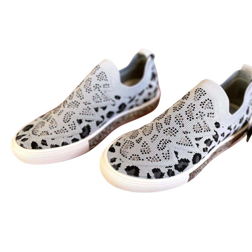Bernie Mev New York Grey Leopard Rhinestone Vegan Slip On Sneakers Size ...