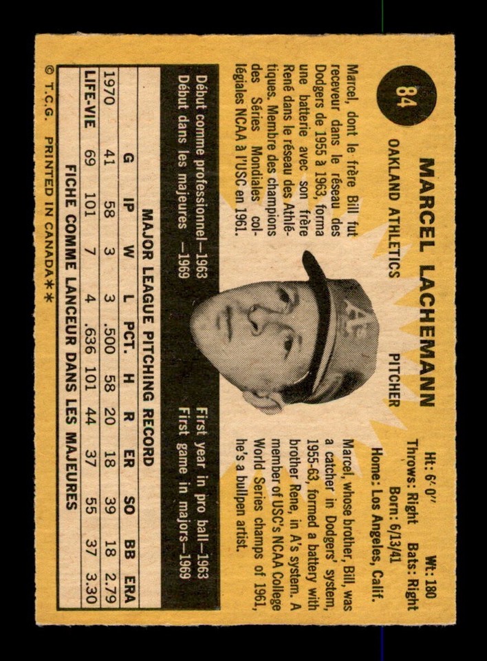 1971 OPC O-Pee-Chee Baseball #84 Marcel Lachemann EX | eBay