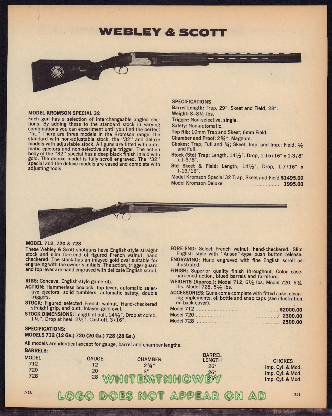 1978 WEBLEY & SCOTT Model Kromson Special 32 & 712, 720, 728 Shotgun Ad ...
