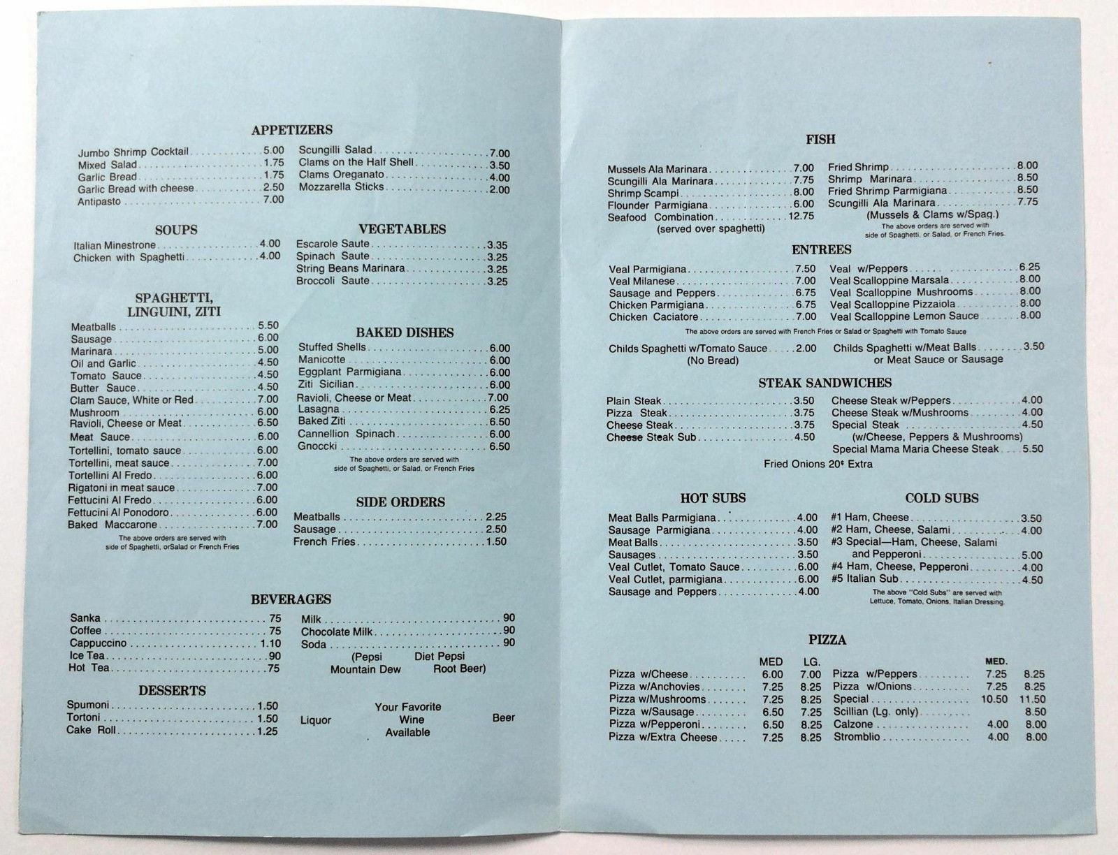 1980's Vintage Dinner Menu MAMA MARIA Italian Restaurant & Pizzeria ...