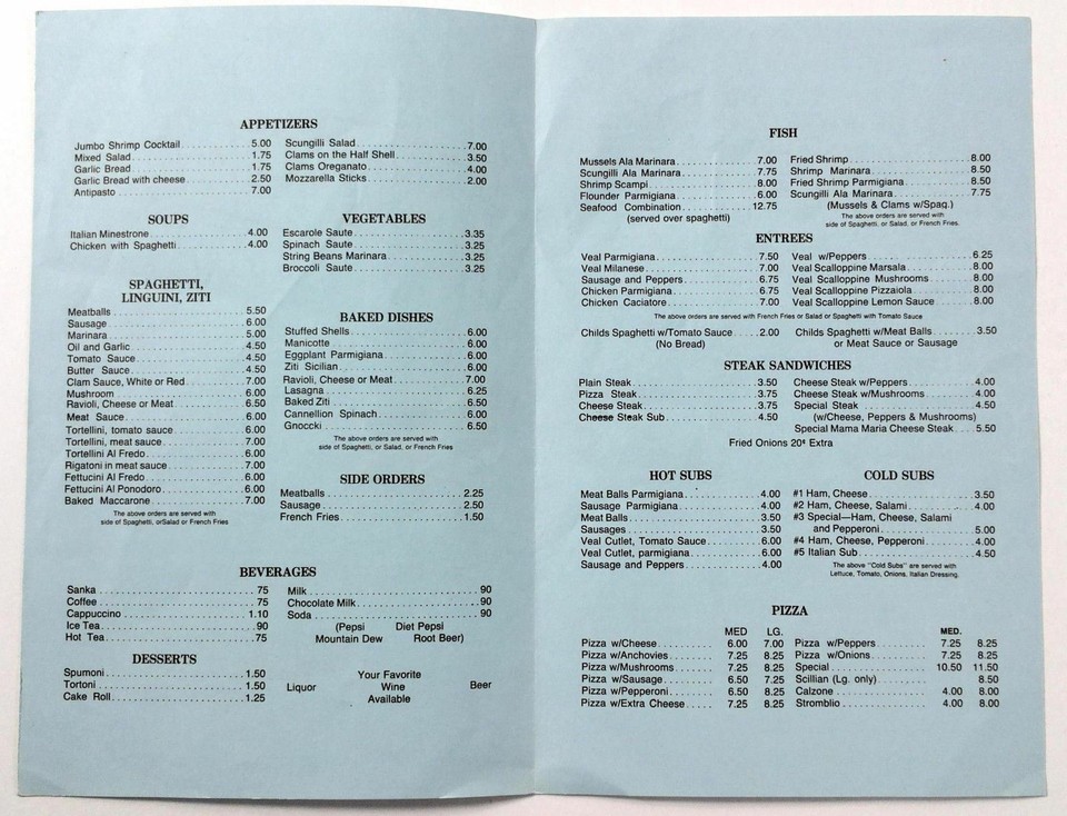 1980's Vintage Dinner Menu MAMA MARIA Italian Restaurant & Pizzeria ...