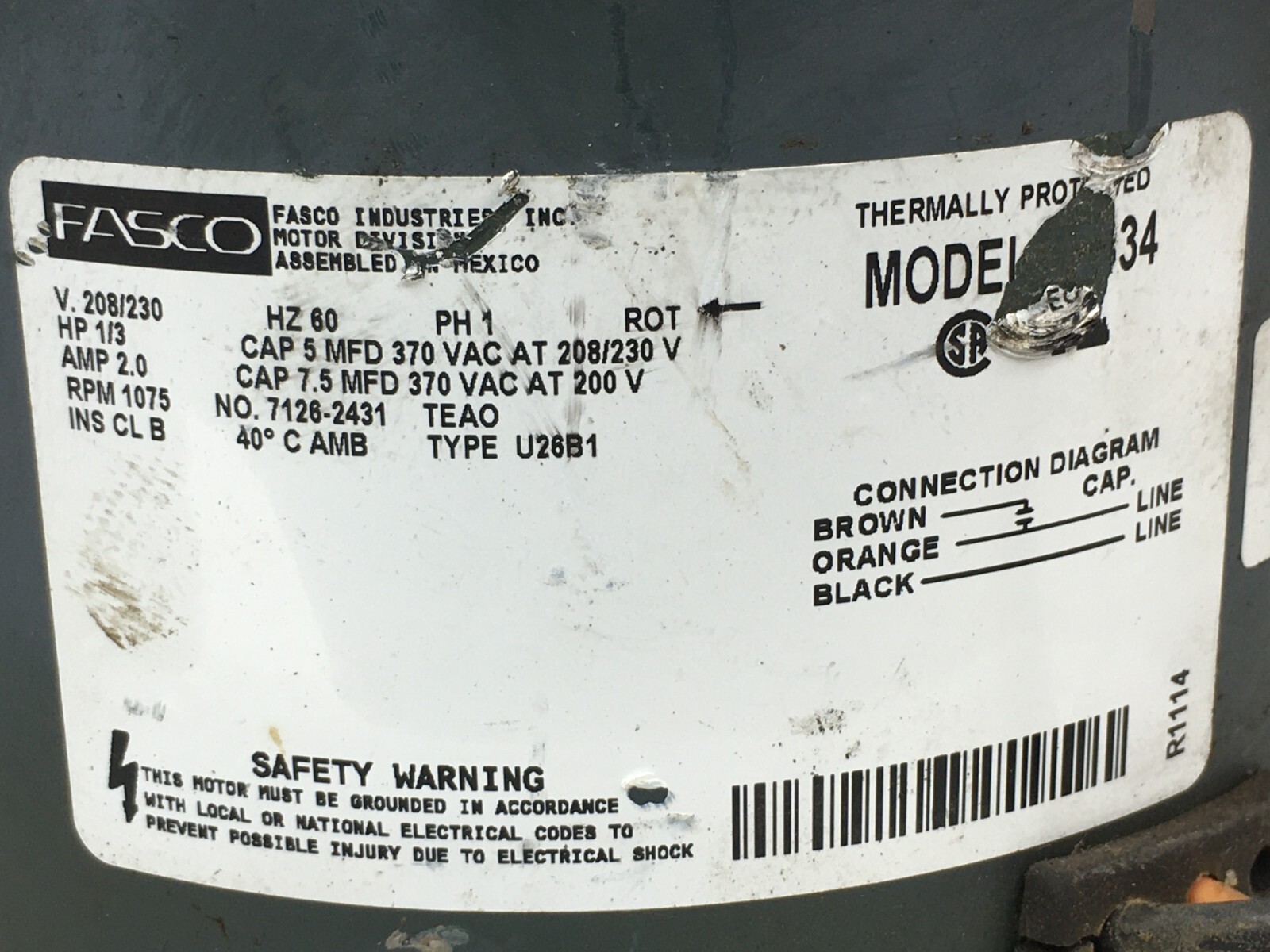 Fasco D2834 7126-2431 1/3 HP 208-230V 1075 RPM PH1 Blower Motor used # ...