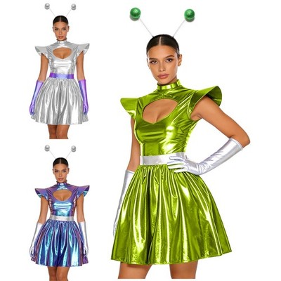 Women's Metallic Cosplay Dress Alien Astronaut with Gloves Hair Loop ...