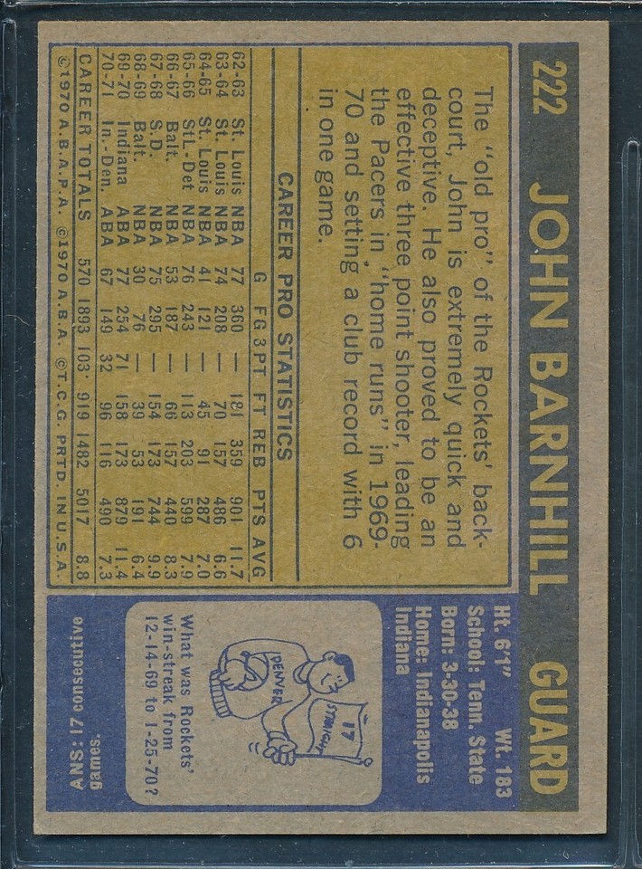 1971 Topps Basketball Set Break #222: JOHN BARNHILL RC Denver Rockets ...