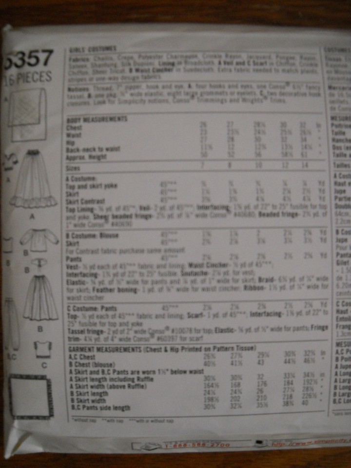 Genie Belly Dancer Gypsy Girl size 7-14 Simplicity 5357 Sewing Pattern ...