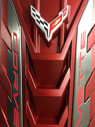 2020-2024 Corvette C8 Engine Cover Edge Red Silver Emblem OEM Rails | OE